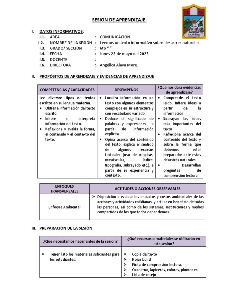 Ssesion de Aprendizaje Lectura Sobre Desastres Naturales | PDF ...