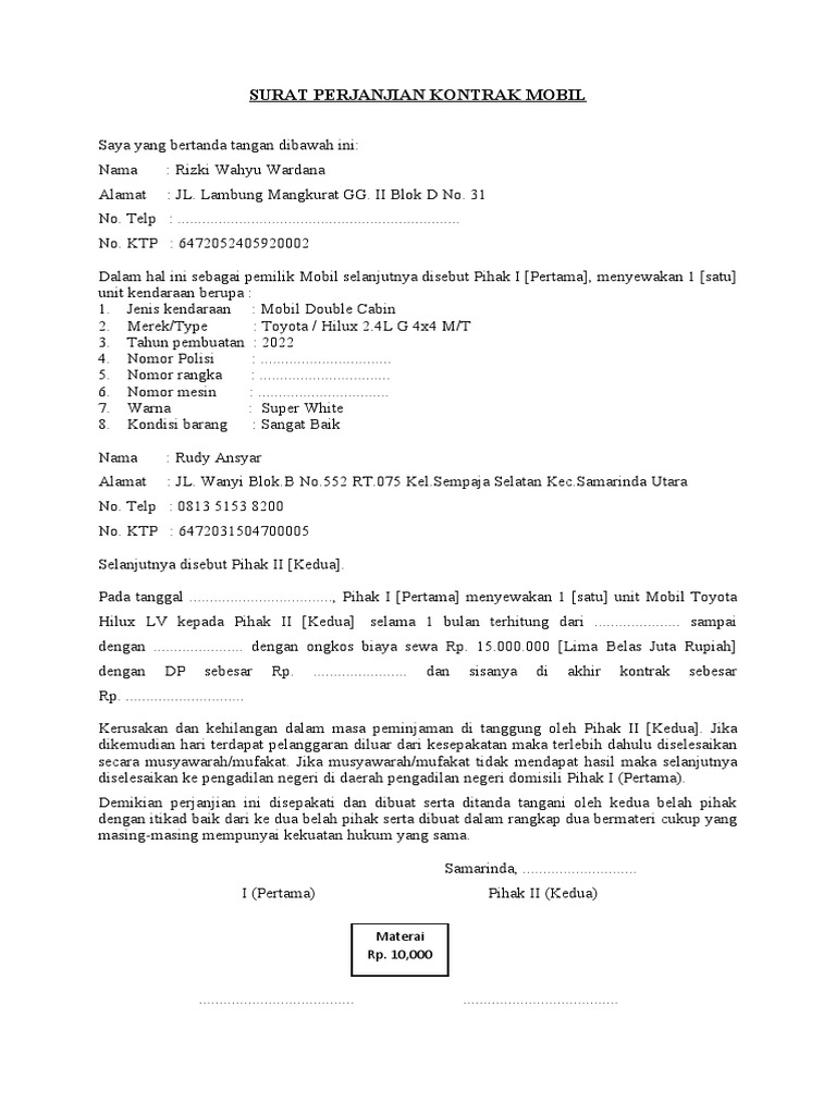 Surat Perjanjian Kontrak Mobil 1 | PDF