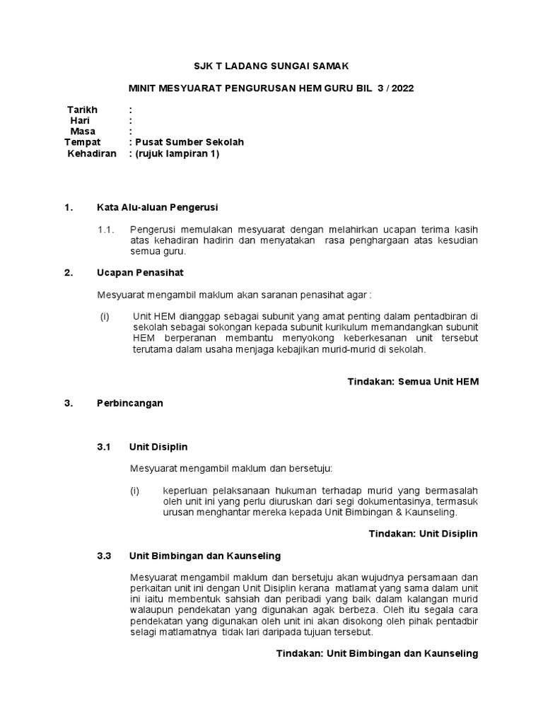 Minit Mesyuarat Hal Ehwal Murid Kali Ketiga | PDF