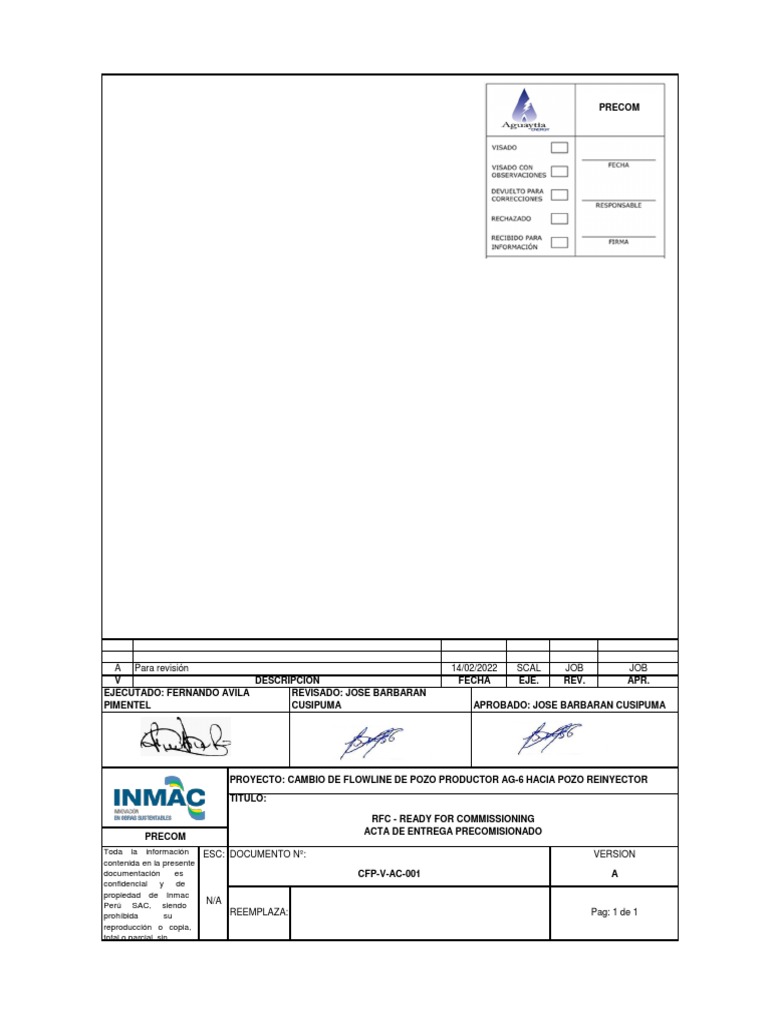 CFP-V-AC-001 Acta de Entrega Precomisionado Rev. A | PDF