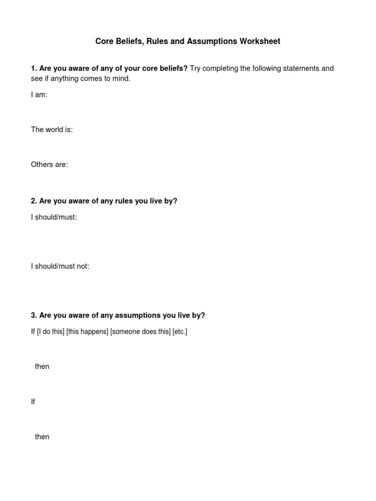 Core Beliefs Worksheet | PDF | Experience | Cognition