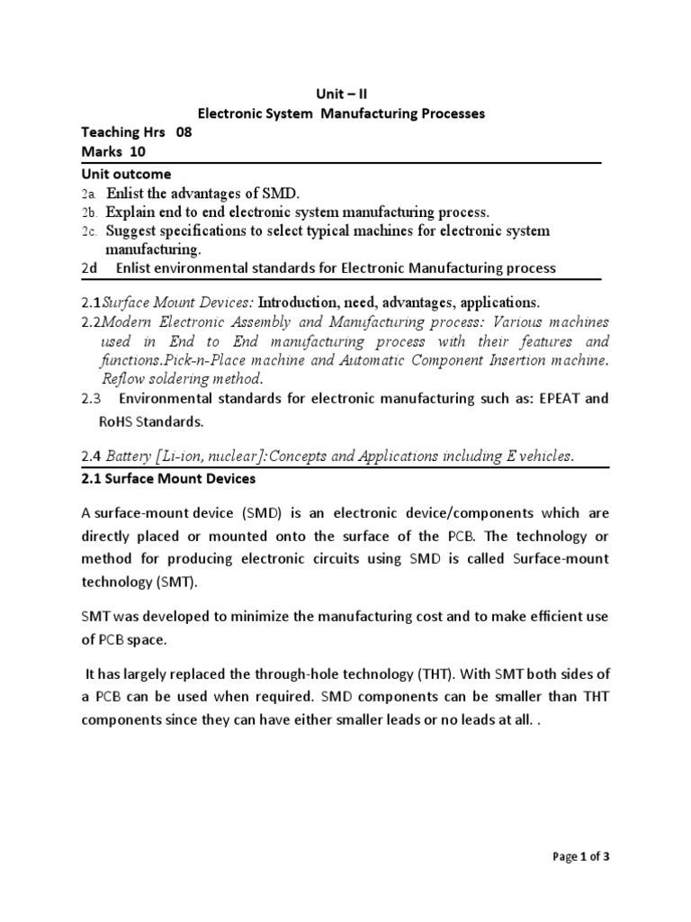 Unit - II Electronic System Manufacturing Processes Teaching Hrs 08 Marks 10 Unit Outcome | PDF
