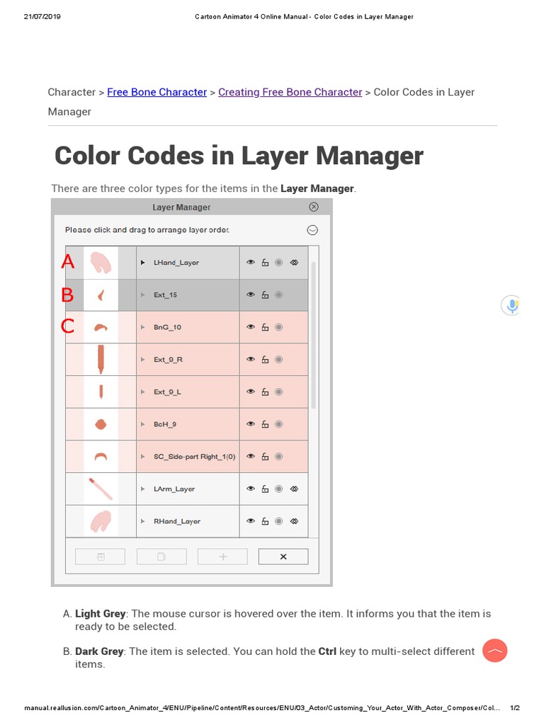 Cartoon Animator 4 Online Manual - Color Codes in Layer Manager | PDF