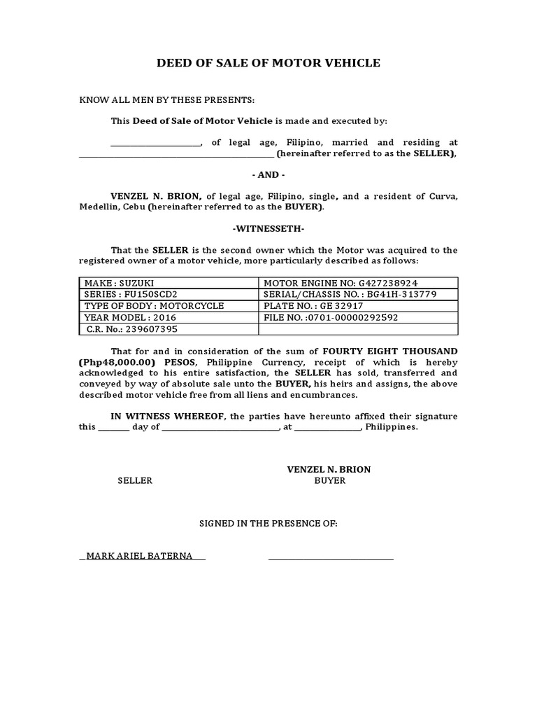 Deed of Sale of Motor Vehicle | PDF