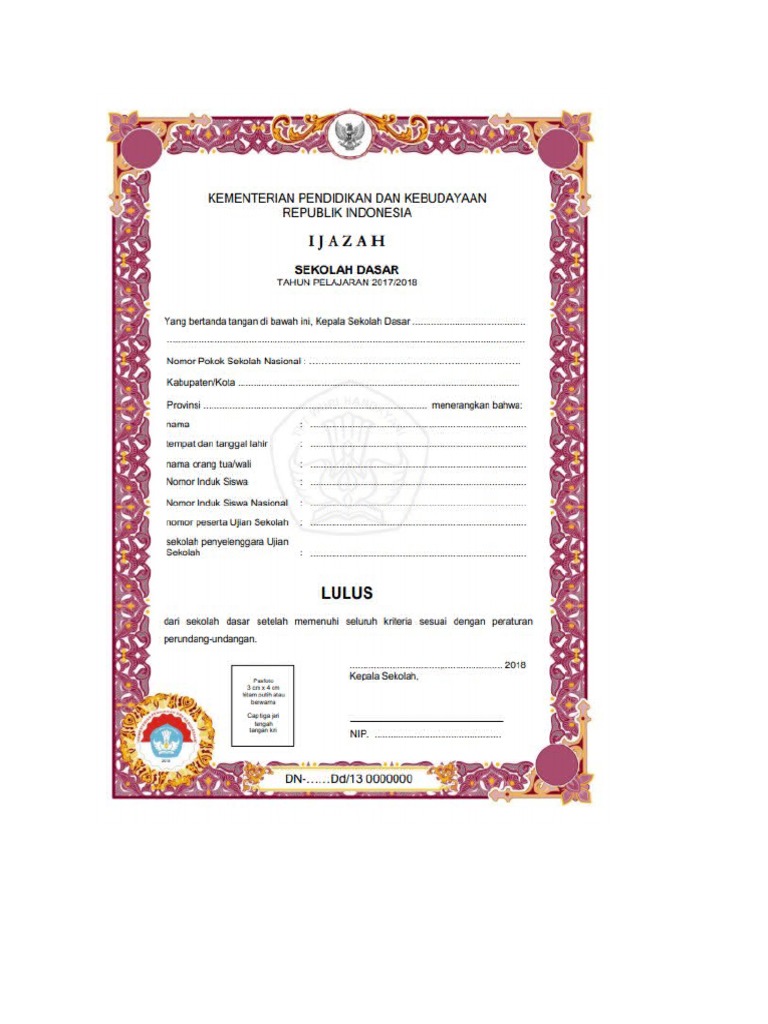 Contoh Ijazah SD 2015 | PDF