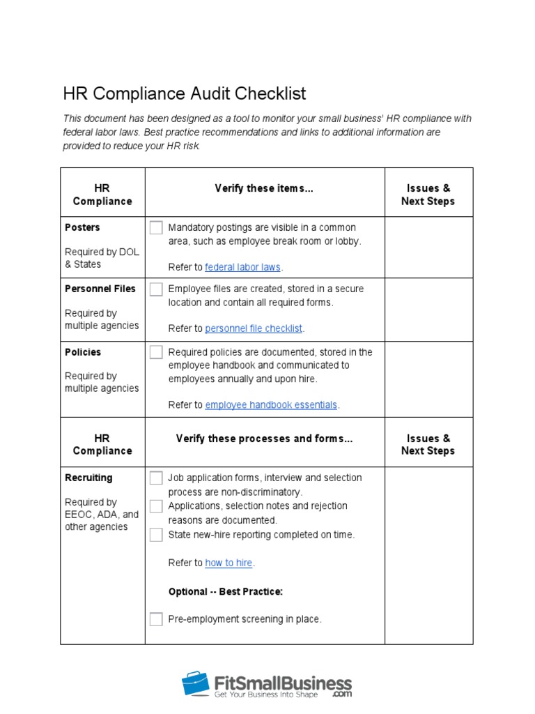 HR Complaince Audit Checklist Template | PDF | Employment | Payroll Tax