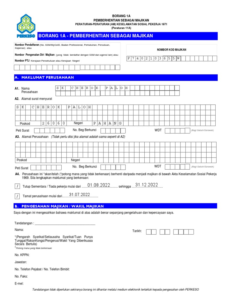 Pemberhentian Sebagai Majikan - Borang 1A | PDF