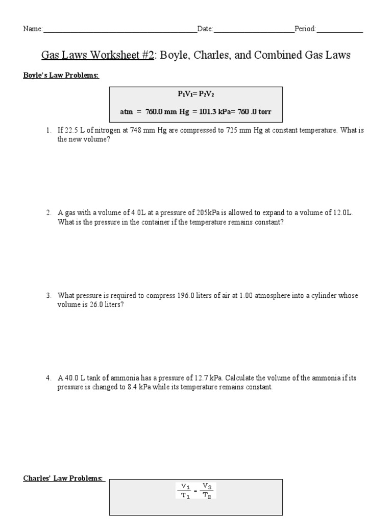 Gas Laws Worksheet #2 Boyles Charles and Combined | PDF | Gases | Pressure