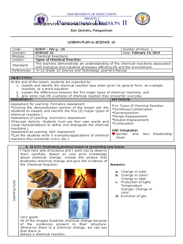 Types of Chemical Reactions Lesson Plan | PDF | Educational Assessment ...