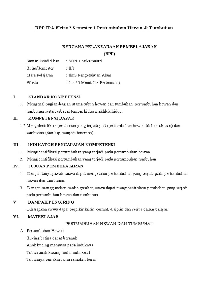 RPP IPA Kelas 2 Semester 1 Pertumbuhan Hewan Dan Tumbuhan | PDF