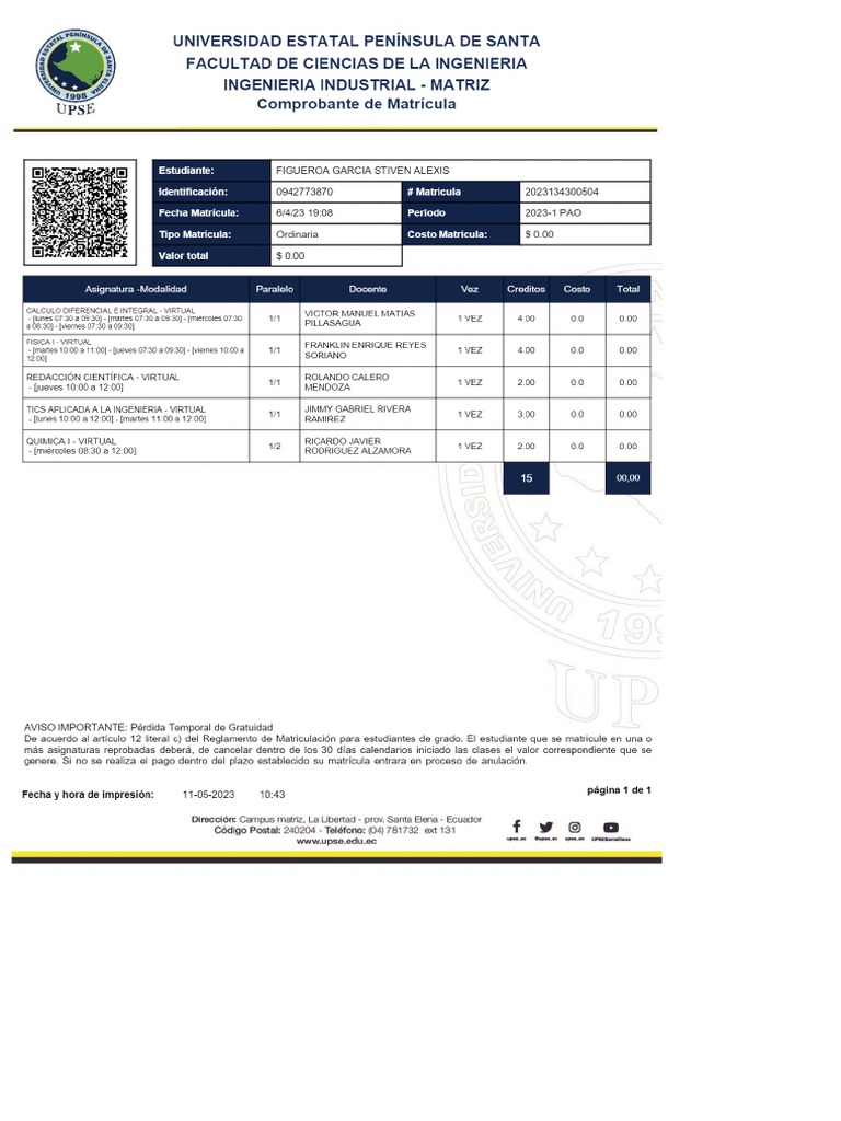 Sga Upse Comprobante de Matricula | PDF