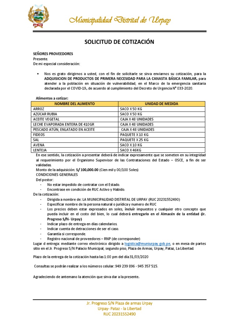 Solicitud de Cotizacion de Productos de Primera Nesecidad - Mdu | PDF | Comida y bebida