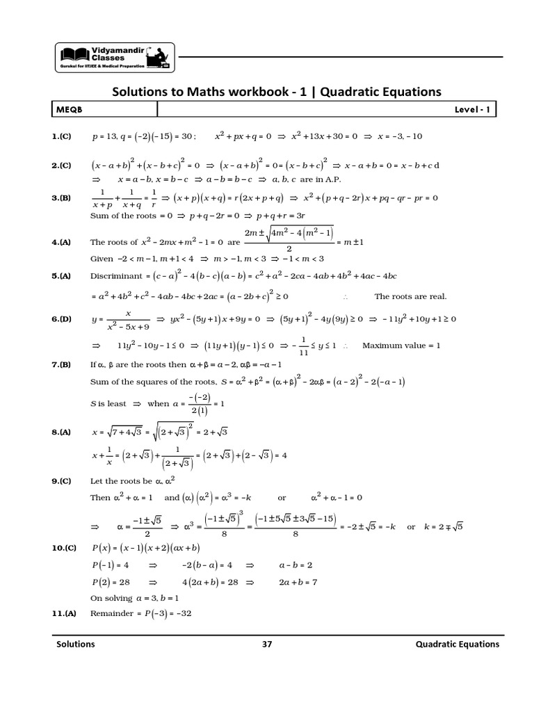 Quadratic Equation Solution Miscellaneous Question Bank | PDF | Quadratic Equation | Equations