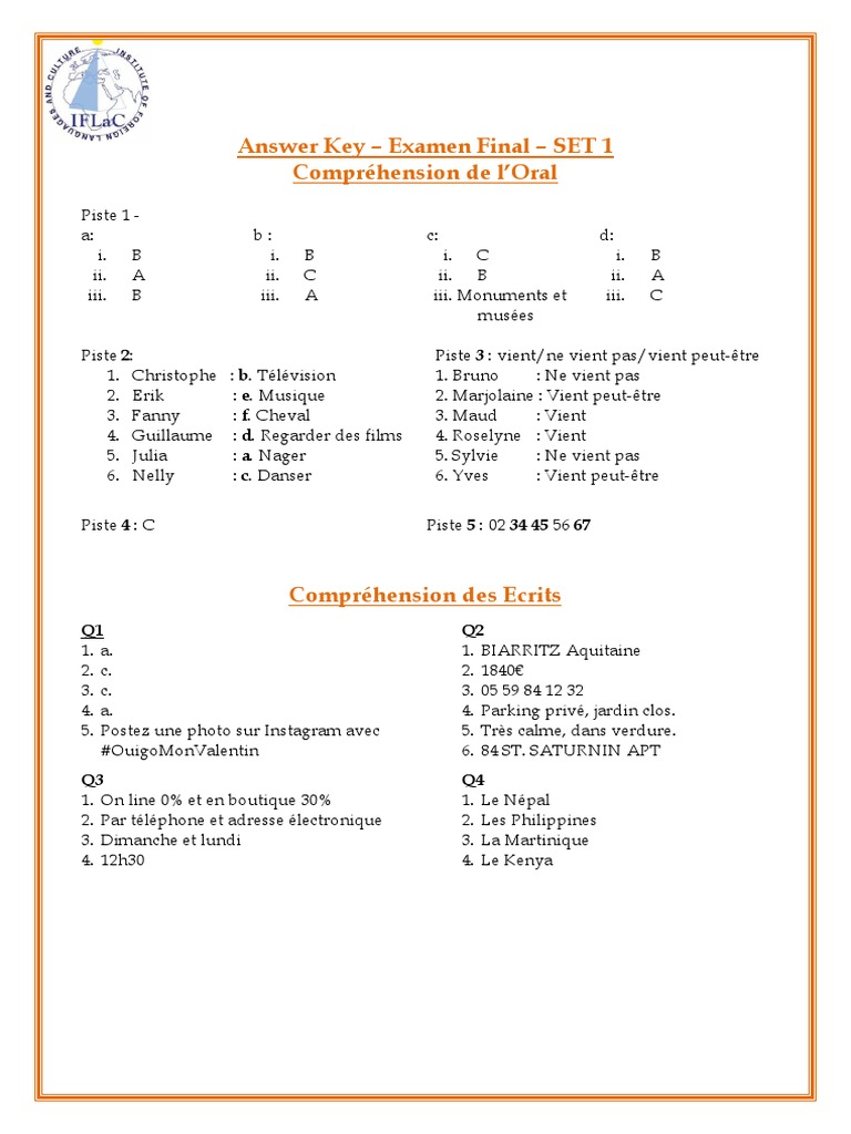 FRENCH A1 - Final Exam - Corrige - Set 1 | PDF