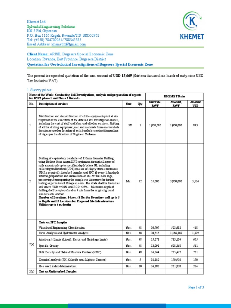 Geotechnical Invistigation Quotation | PDF