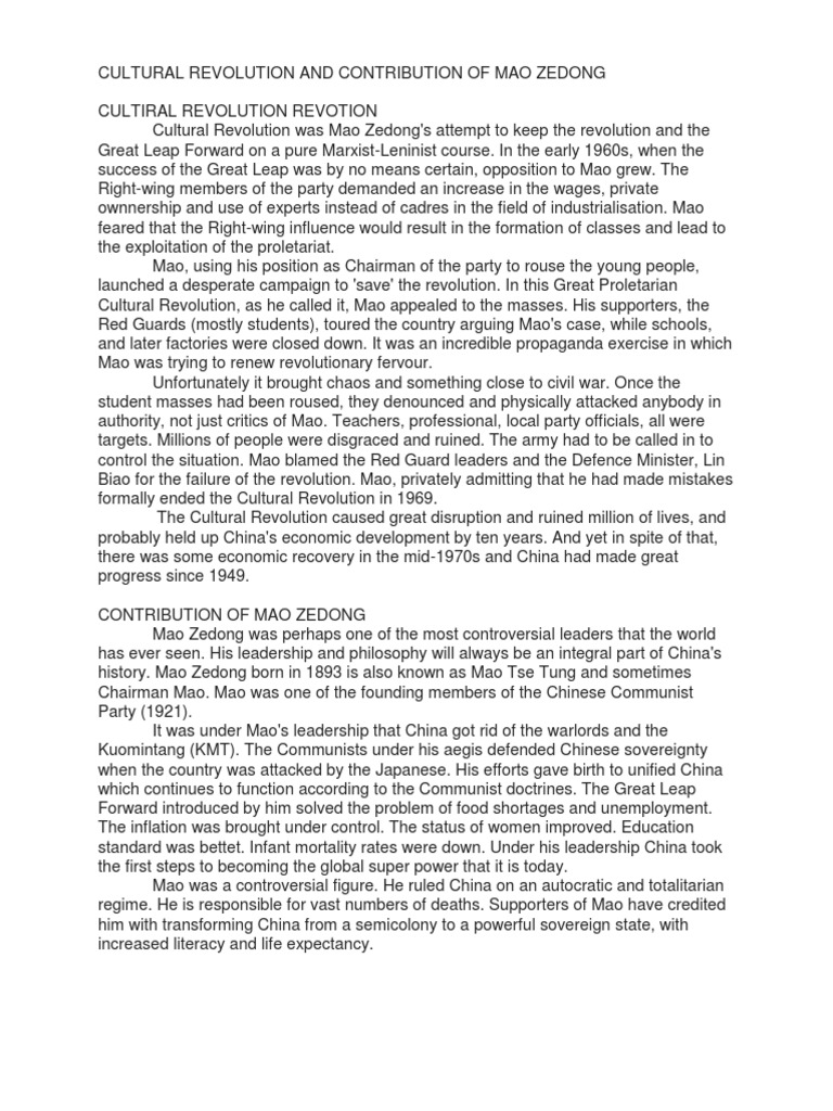 Cultural Revolution and Contribution of Mao Zedong | PDF | Mao Zedong ...