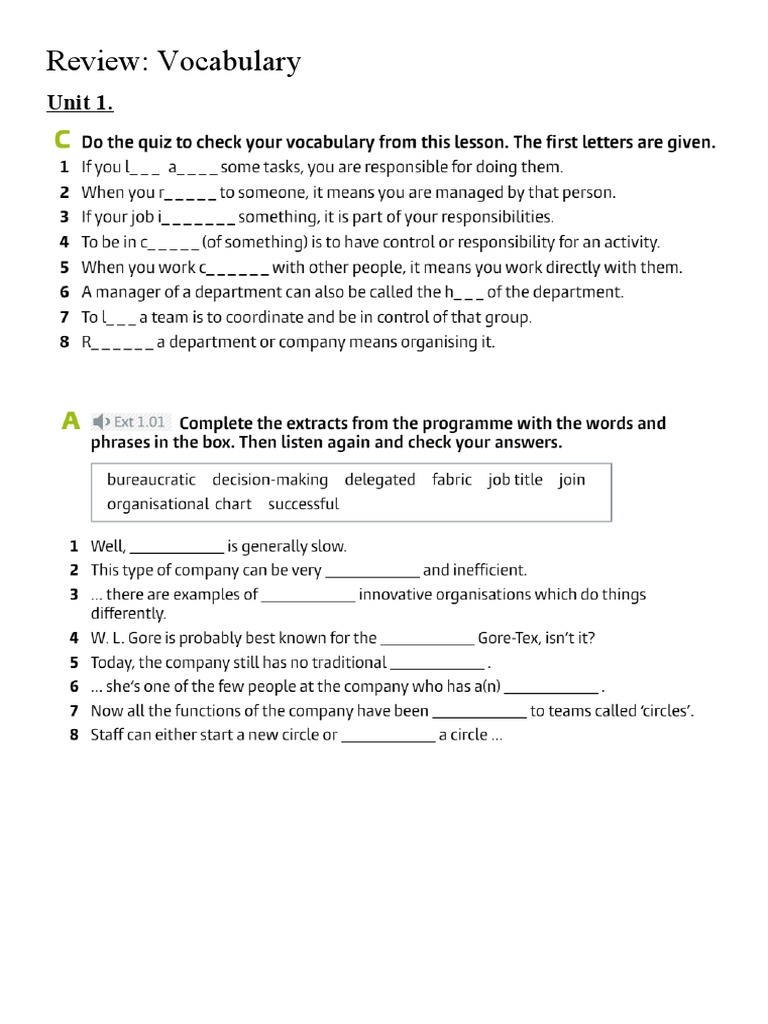 Vocabulary Review Unit 1 4. | PDF
