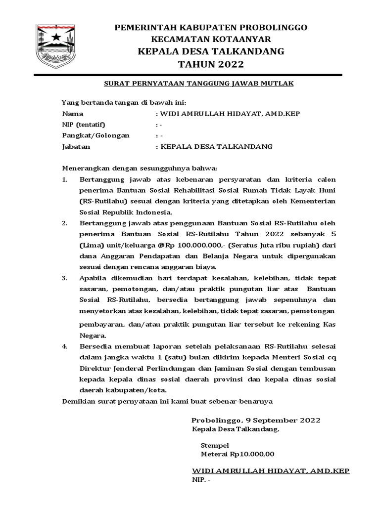 USULAN DESA SPTJM Dan PKS RST TALKANDANG | PDF