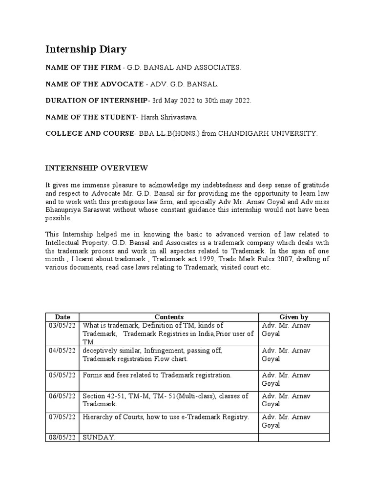 Internship Diary | PDF