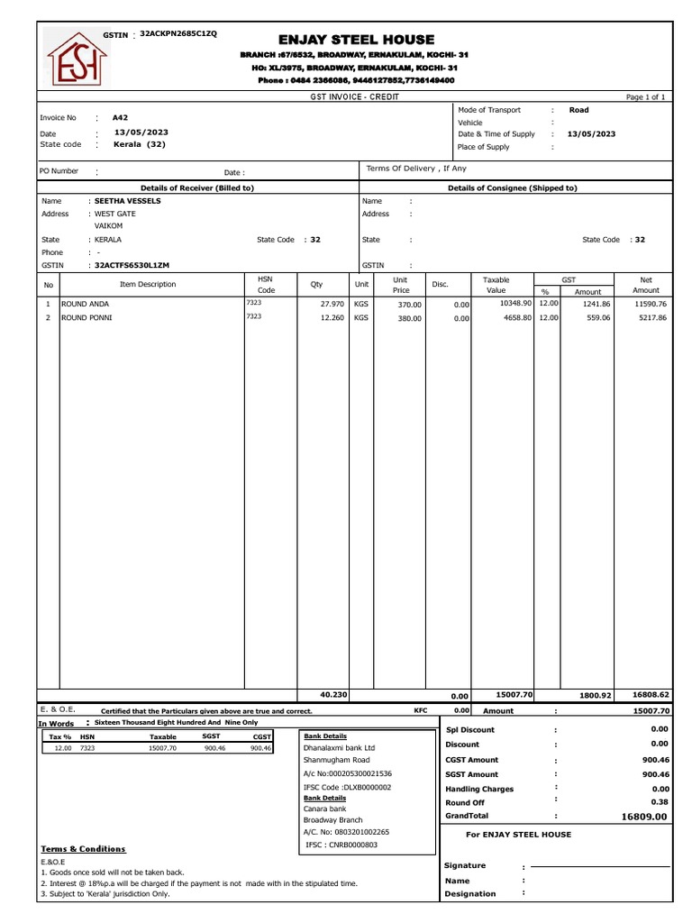Enjay Steel House: GST Invoice - Credit | PDF | Government | Payments