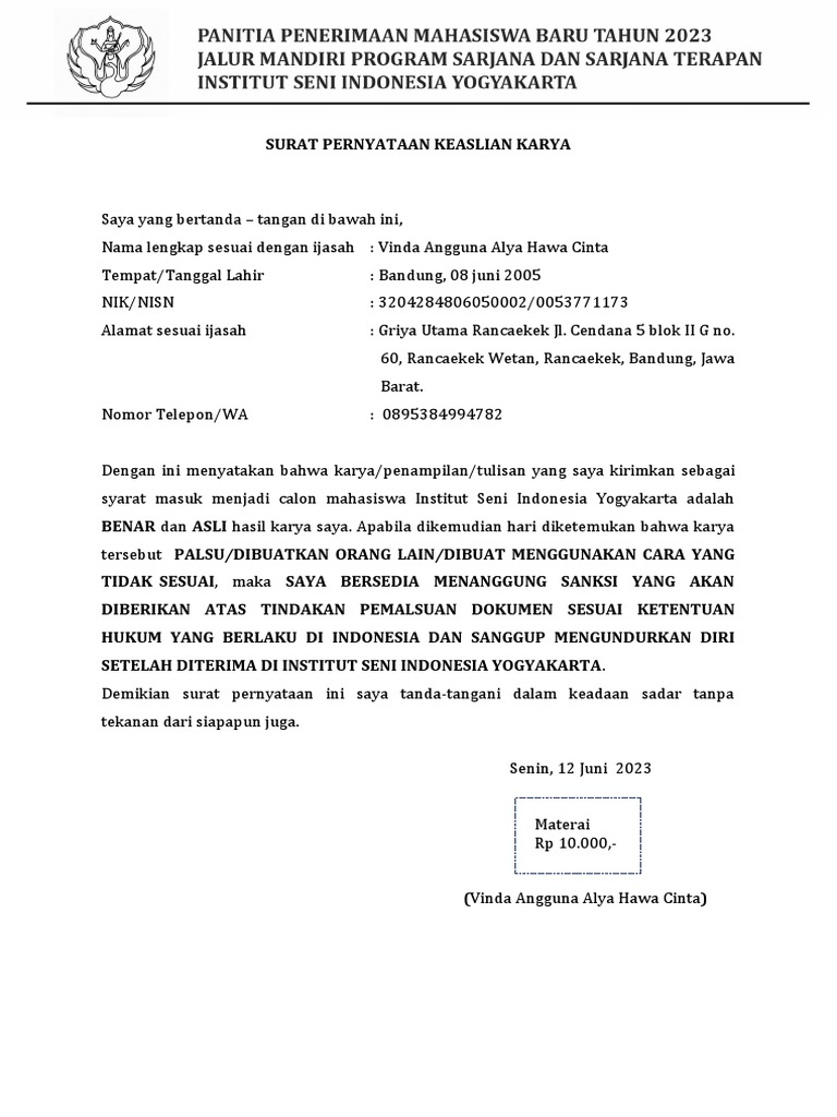 Template Surat Pernyataan Keaslian Karya 2023 | PDF