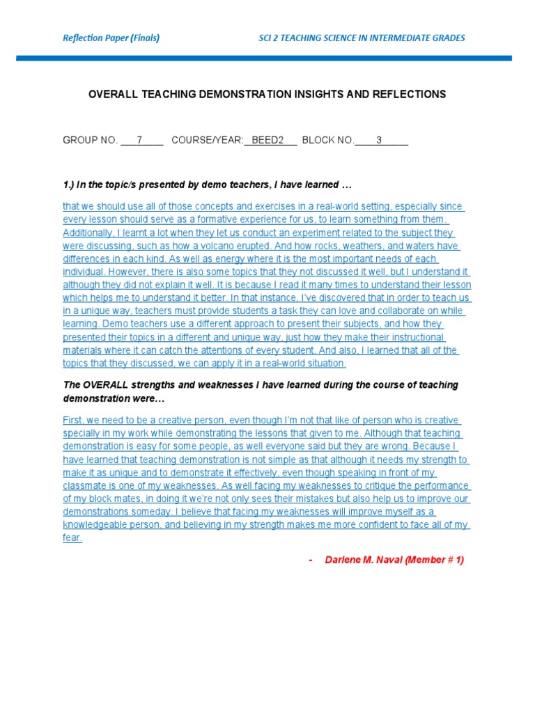 TEACHING-DEMO-OVERALL-INSIGHTS-AND-REFLECTIONS | PDF | Teachers | Learning