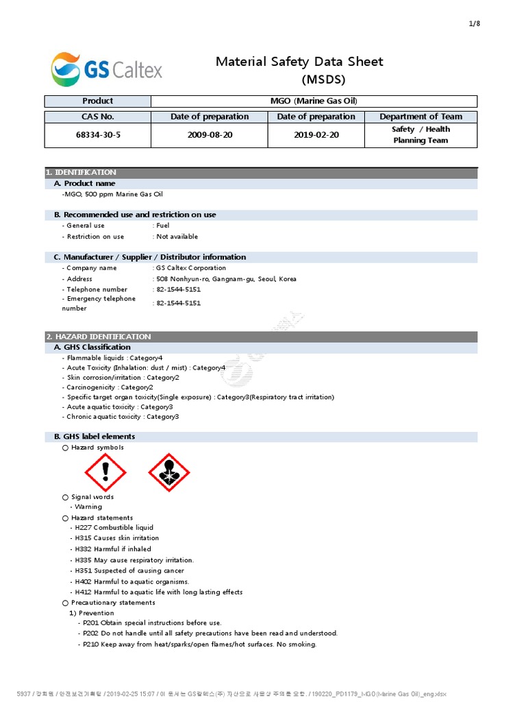 Gas Oil 500 PPM MSDS | PDF | Dangerous Goods | Toxicity