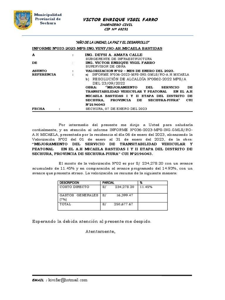 Informe N°033 - 2023 - Valorizacion N°02 | PDF | Alcantarillado ...