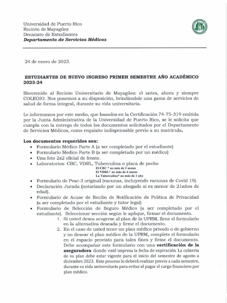 Documentos Serv Medicos Nuevo Ingreso 2023 | PDF