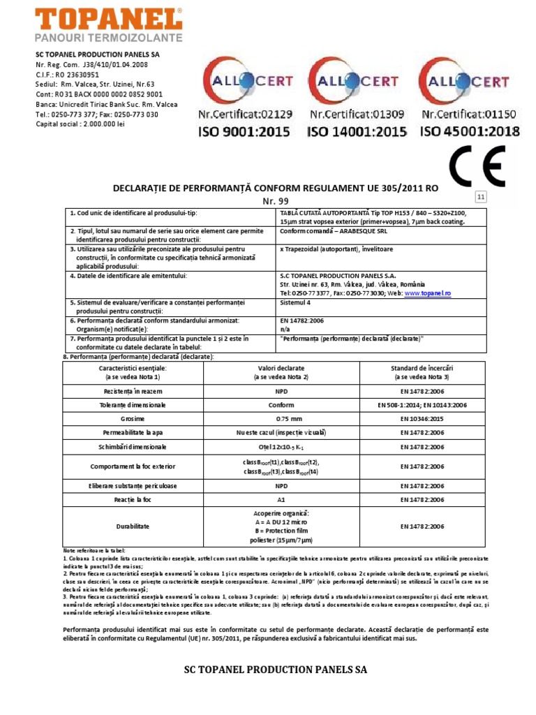 Declaratie de Performanta - ToP 3462 - H153 | PDF