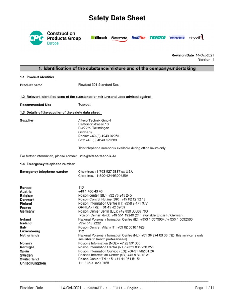 Sds CLP Flowfast 304 Standard Seal - GB | PDF | Toxicity | Dangerous Goods