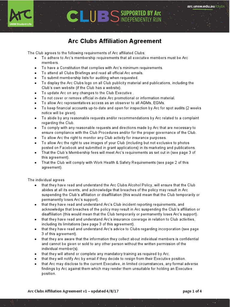 Arc Clubs Affiliation Agreement v1 4-8-17 | PDF | Occupational Safety ...