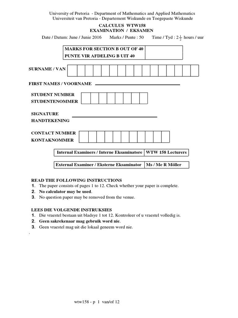 WTW 158 Exam 2016 | PDF