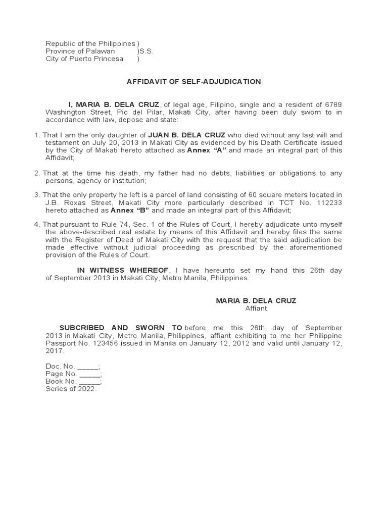 Affidavit of Self-Adjudication by Sole Heir | PDF