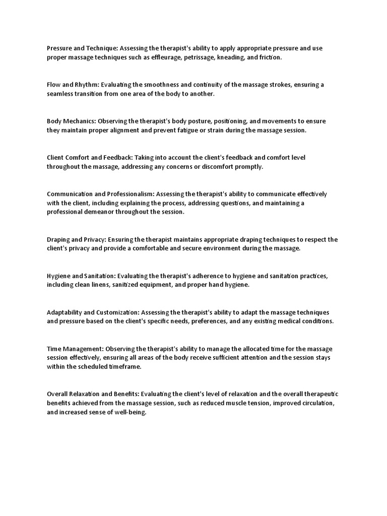 Pressure and Technique Body massage rubrics | PDF