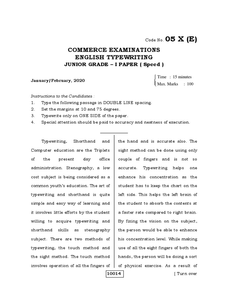 Junior English Typewriting Exam Paper | PDF | Shorthand | Cognition