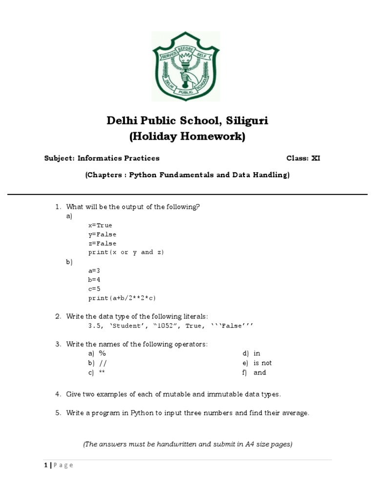 Class11 Holiday Homework Informatics Practices Pdf