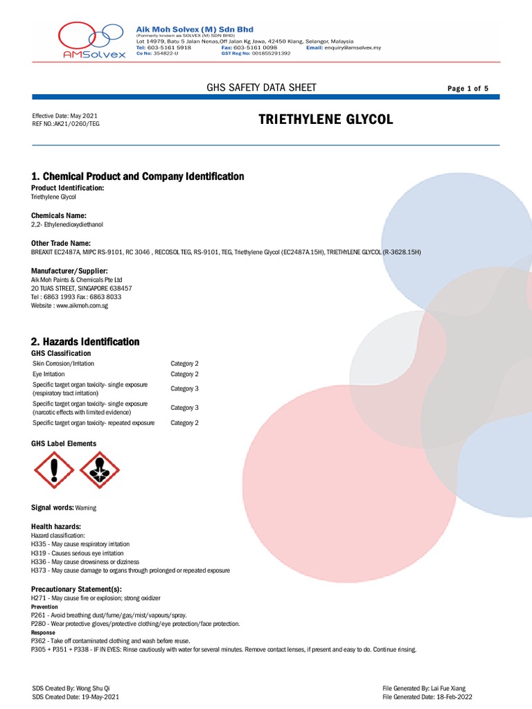 Triethylene Glycol Safety Data Sheet | PDF | Toxicity | Personal ...