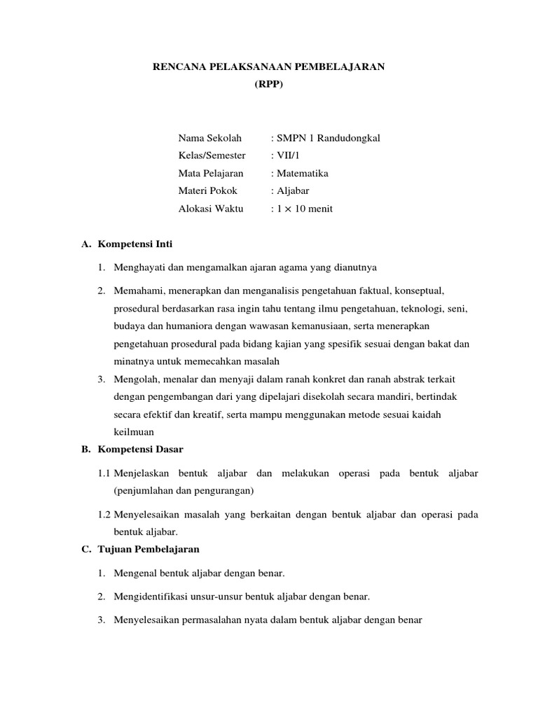 RPP Microteaching 10 Menit Aljabar Kelas 7 | PDF