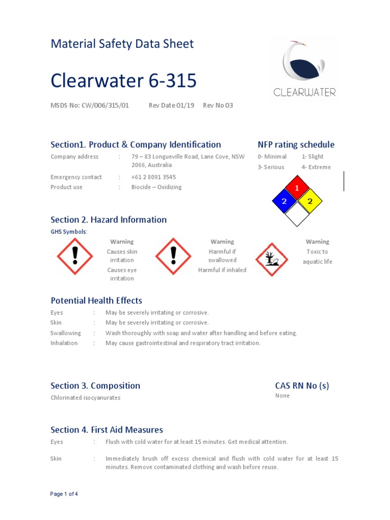 Clearwater 6-315 MSDS | PDF | Water | Hazards