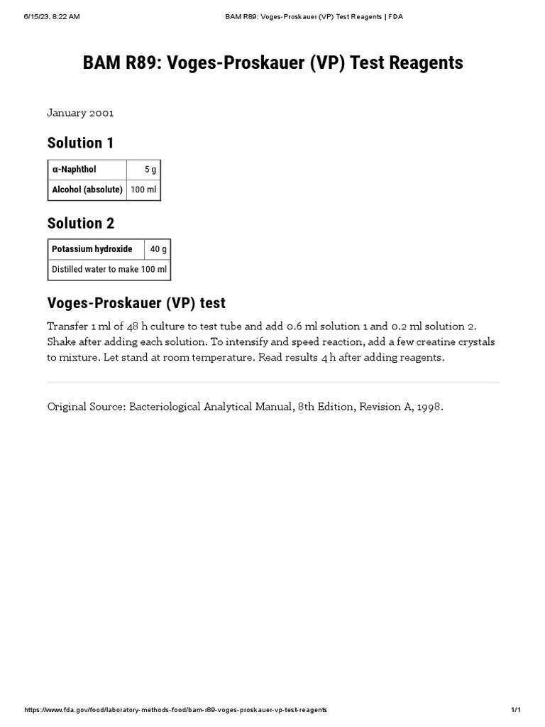 BAM R89 - Voges-Proskauer (VP) Test Reagents - FDA | PDF