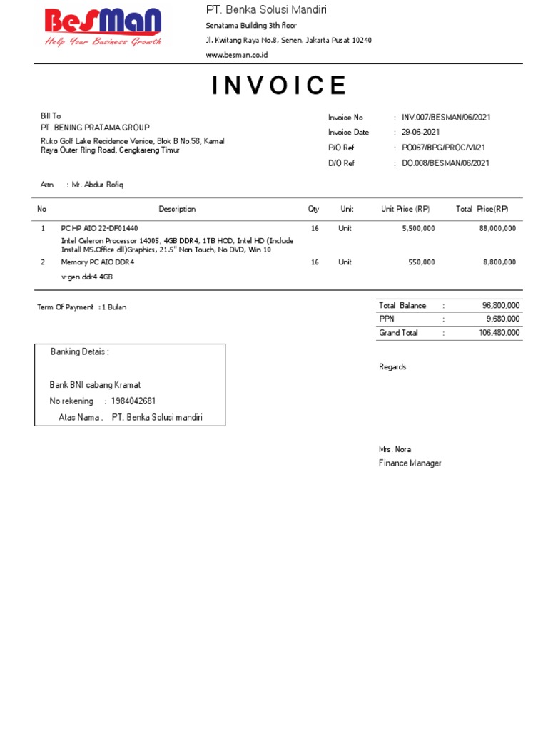 Invoice No. INV.007 - BESMAN - 06 - 2021 | PDF | Computer Engineering ...