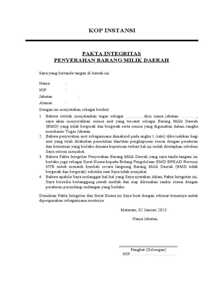 Format Pakta Integritas BMD | PDF