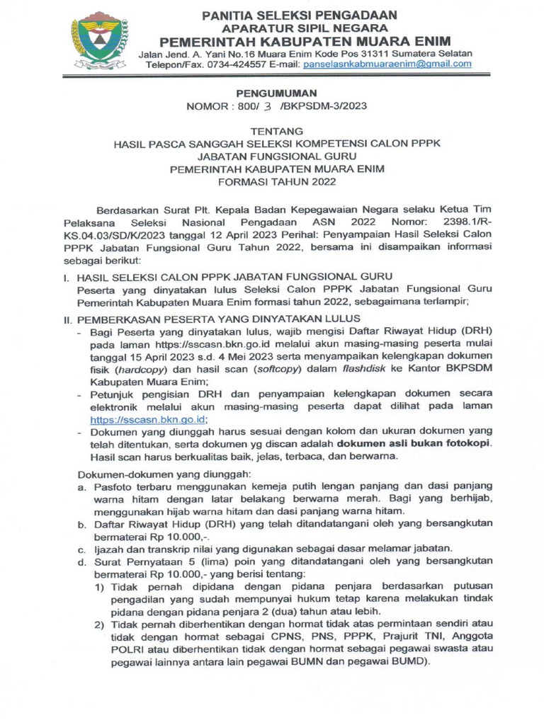 Pengumuman PPPK Guru - Hasil Pasca Sanggah Seleksi Kompetensi - Compressed | PDF