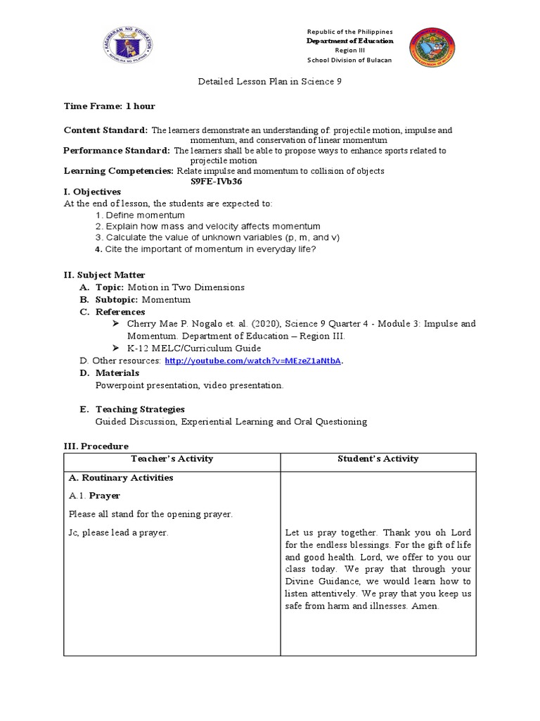 Science 9 Lesson Plan: Momentum Concepts | PDF | Momentum | Force
