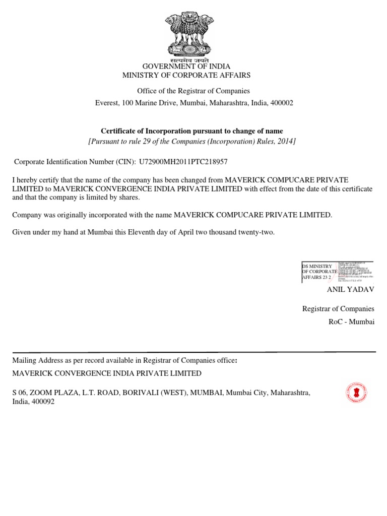 Name Change Certificate for Maverick Convergence | PDF