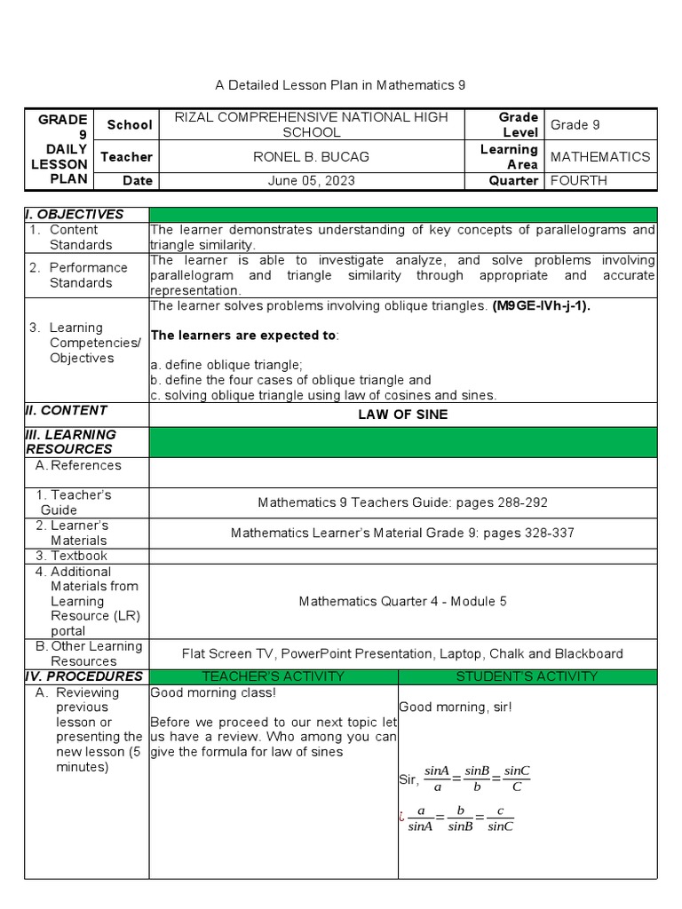 June 5 Lesson Plan | PDF | Triangle | Trigonometric Functions