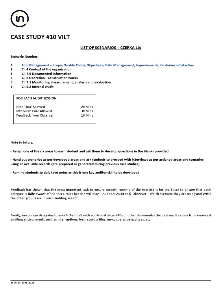 CS 10 Audit Interviews Scenarios CZERKA - 2021 VILT | PDF | Audit | Iso ...