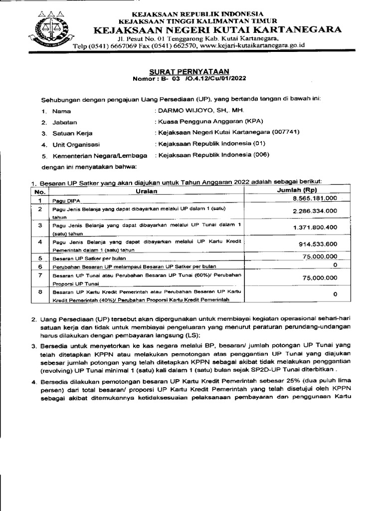 Surat Pernyataan Pengajuan UP | PDF