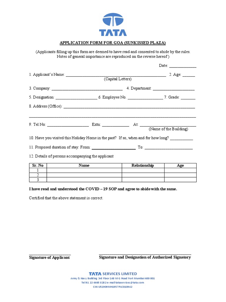 Application Form For Goa Sunkissed Plaza | PDF